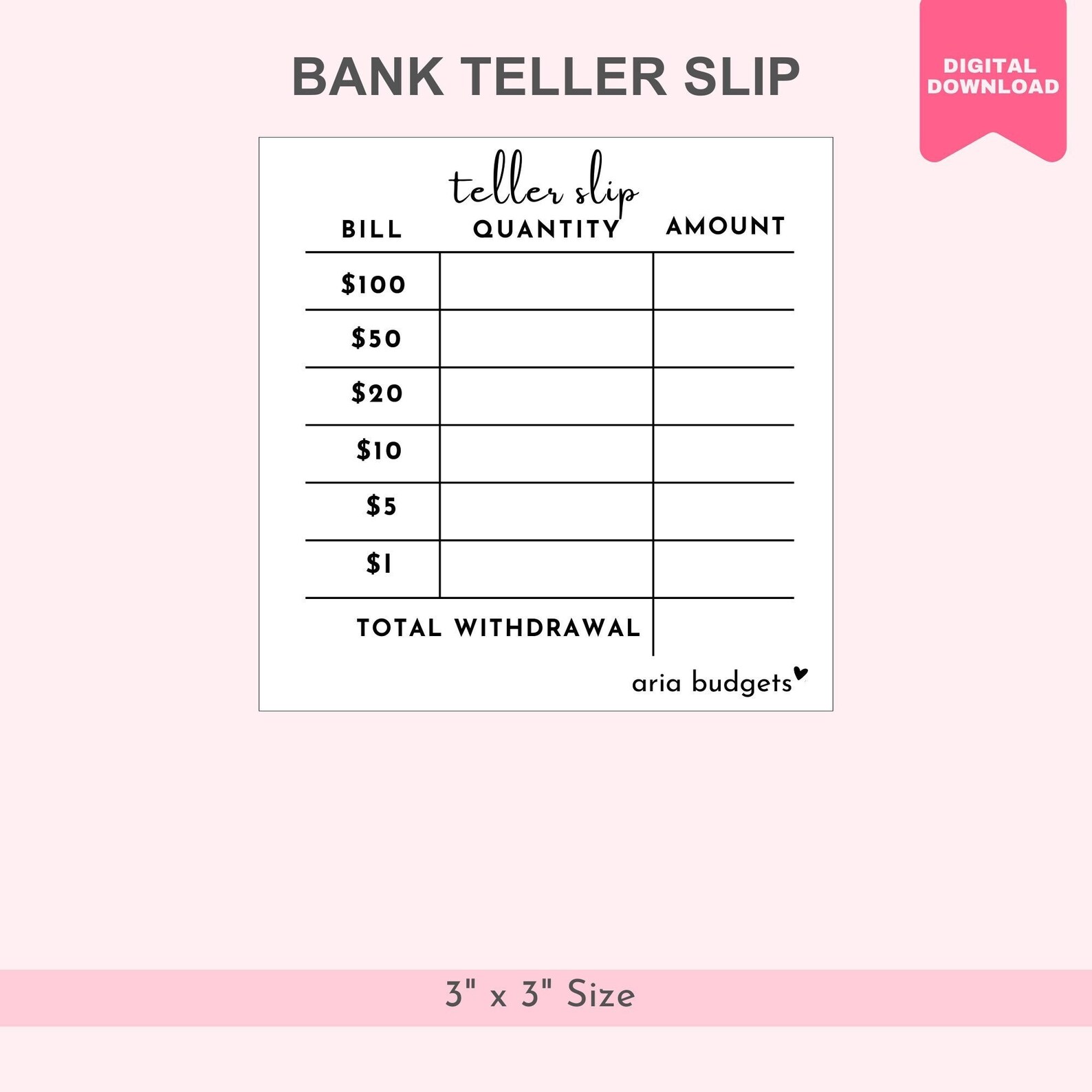 Bank Teller Slip | Cash Breakdown | Printable Cash Envelope System - Etsy