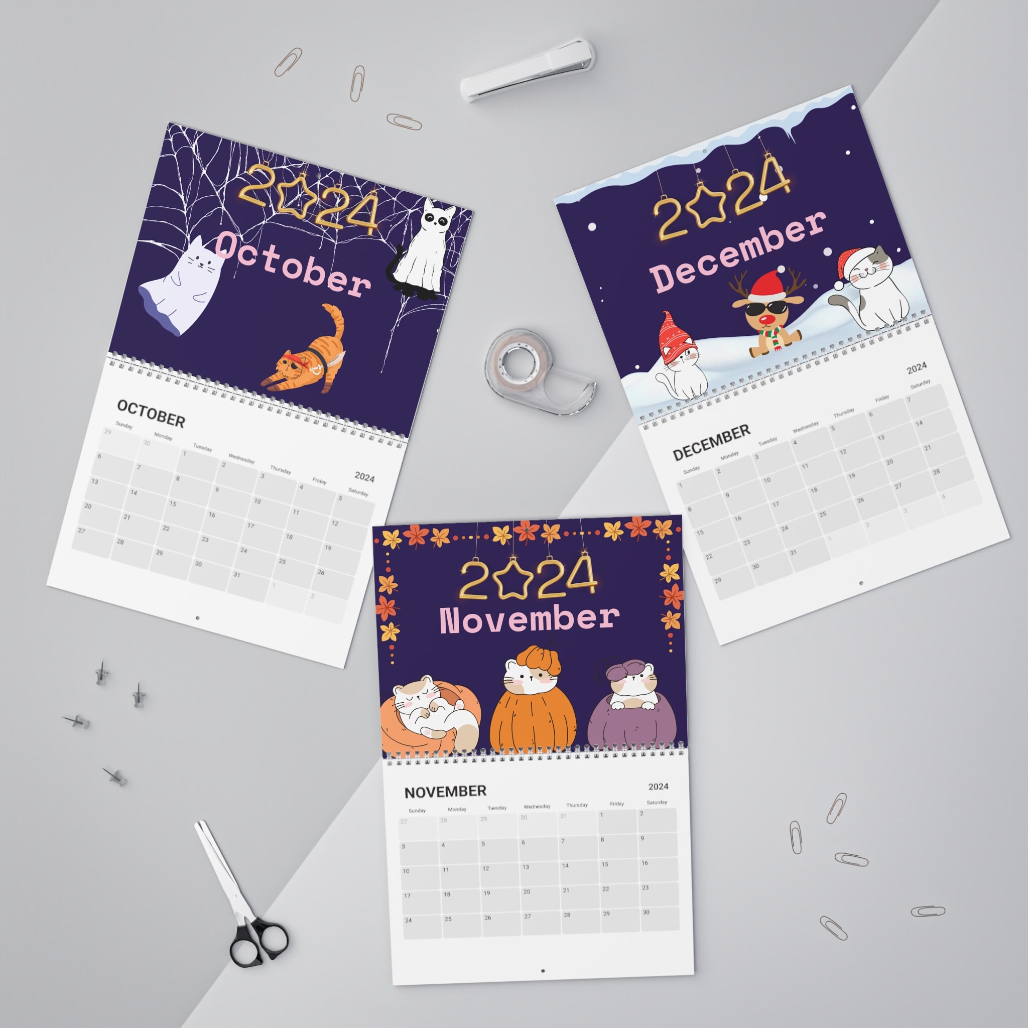 2024 Monthly Cat Calendar, Cat Wall Calendar, Illustrated 12-month Wall ...
