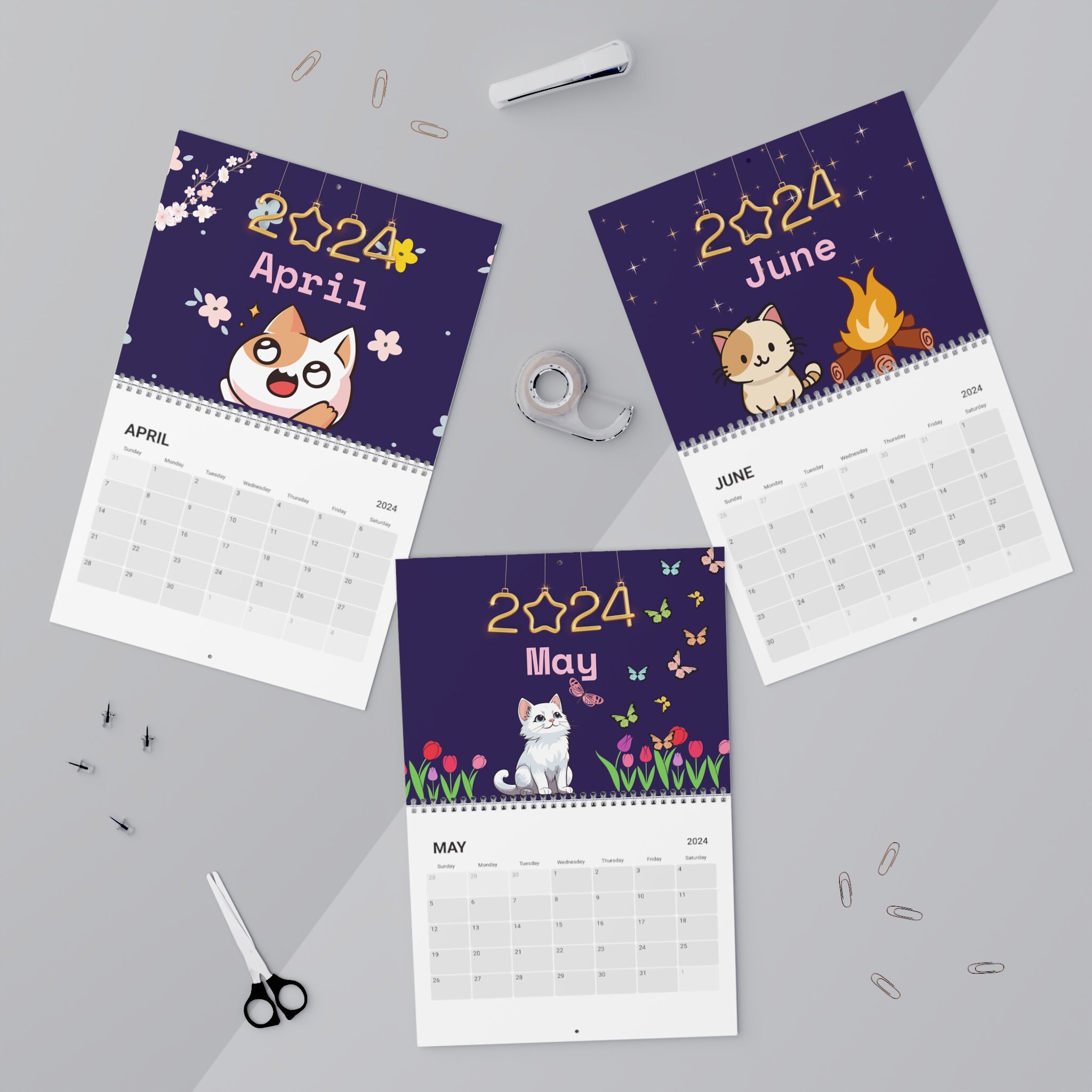 2024 Monthly Cat Calendar, Cat Wall Calendar, Illustrated 12-month Wall ...