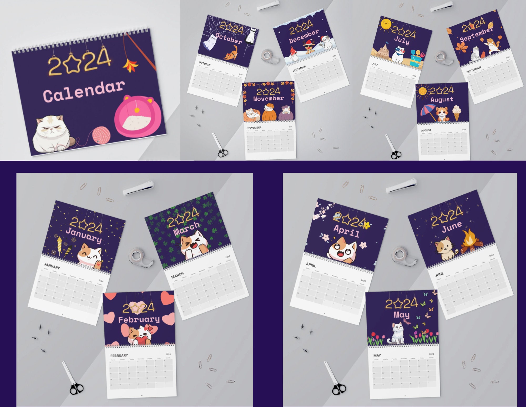 2024 Monthly Cat Calendar, Cat Wall Calendar, Illustrated 12-month Wall ...