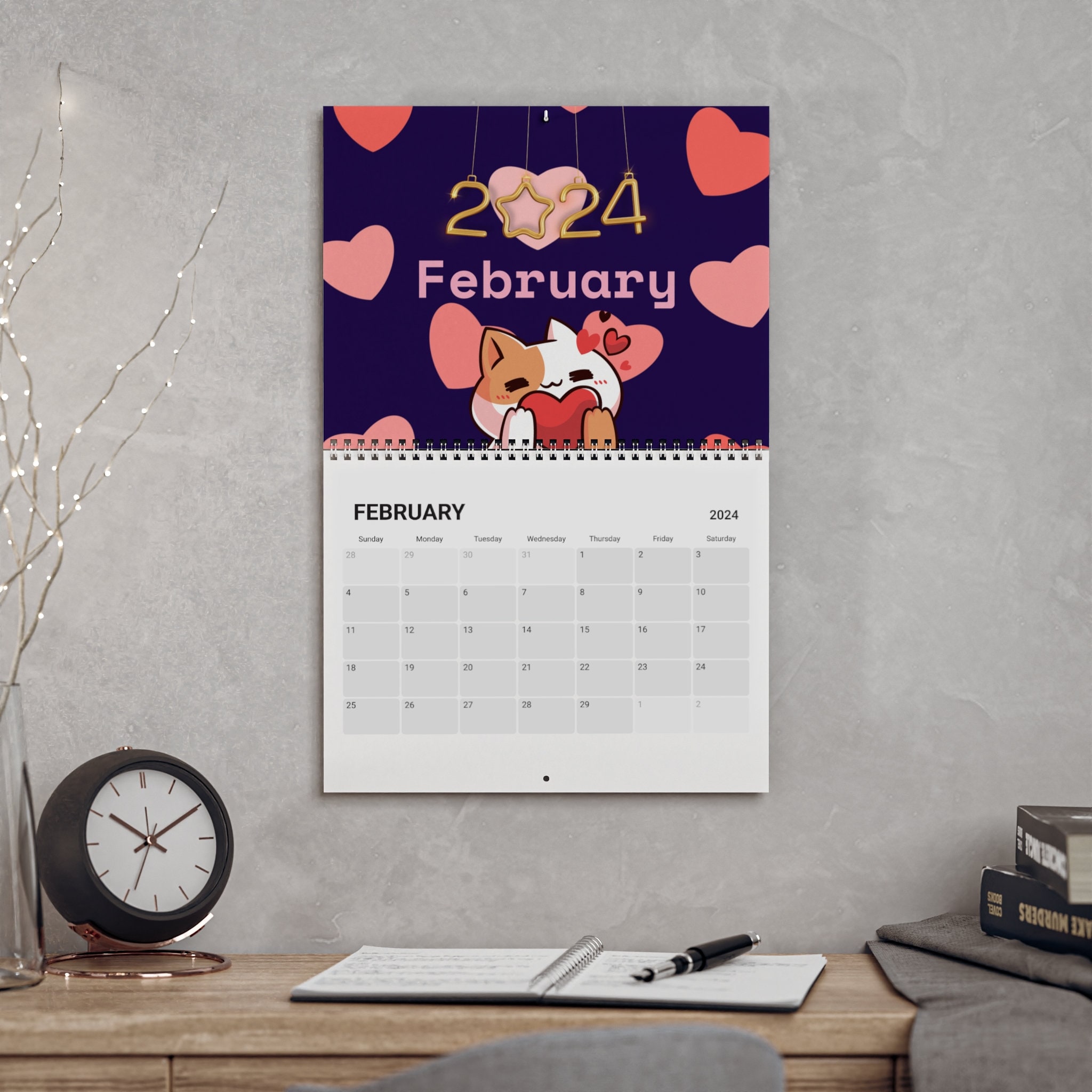 2024 Monthly Cat Calendar, Cat Wall Calendar, Illustrated 12-month Wall ...