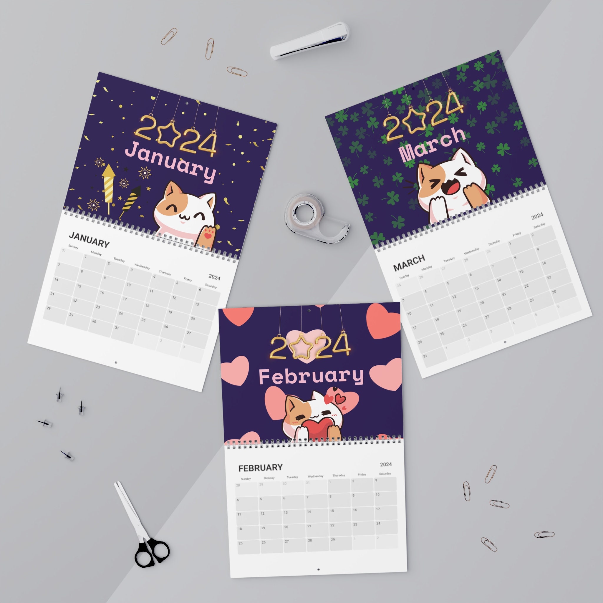 2024 Monthly Cat Calendar, Cat Wall Calendar, Illustrated 12-month Wall ...