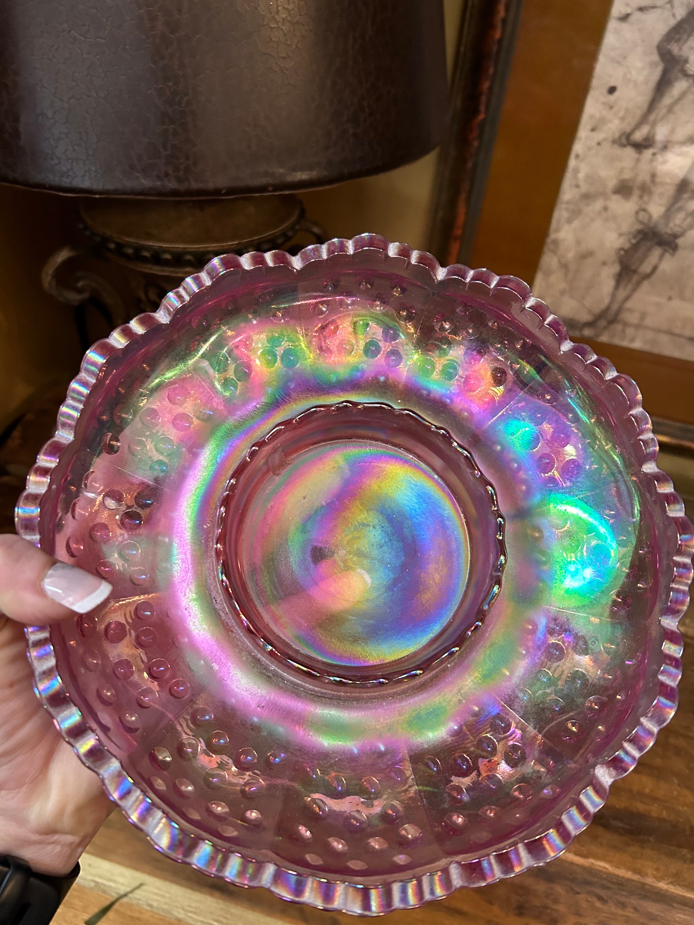 Rare Fenton Pink Carnival Glass Hobnail Centerpiece Candle Holder. Rare ...