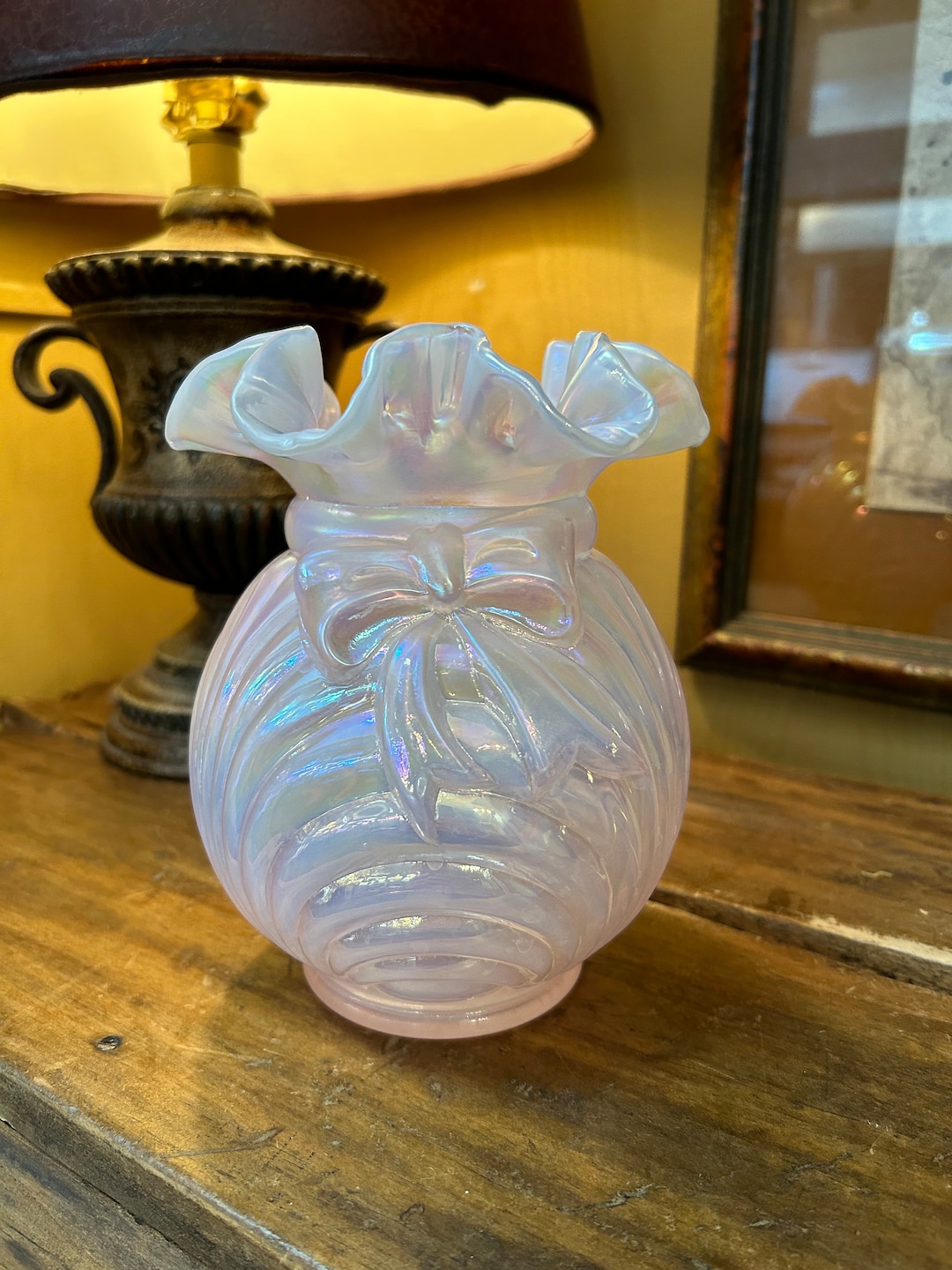 Vintage Fenton Opalescent Pink Vase. Pink Vase With Ruffled Rim ...