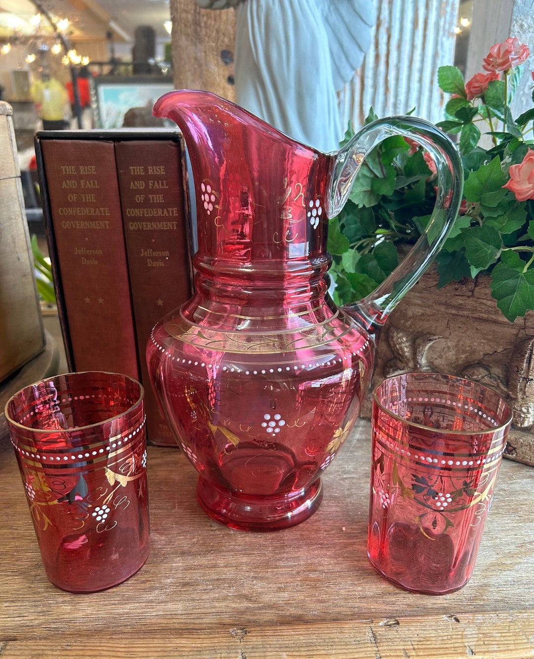 Victorian Era Cranberry Glass Pitcher W/ 2 Glasses. Antique Cranberry ...