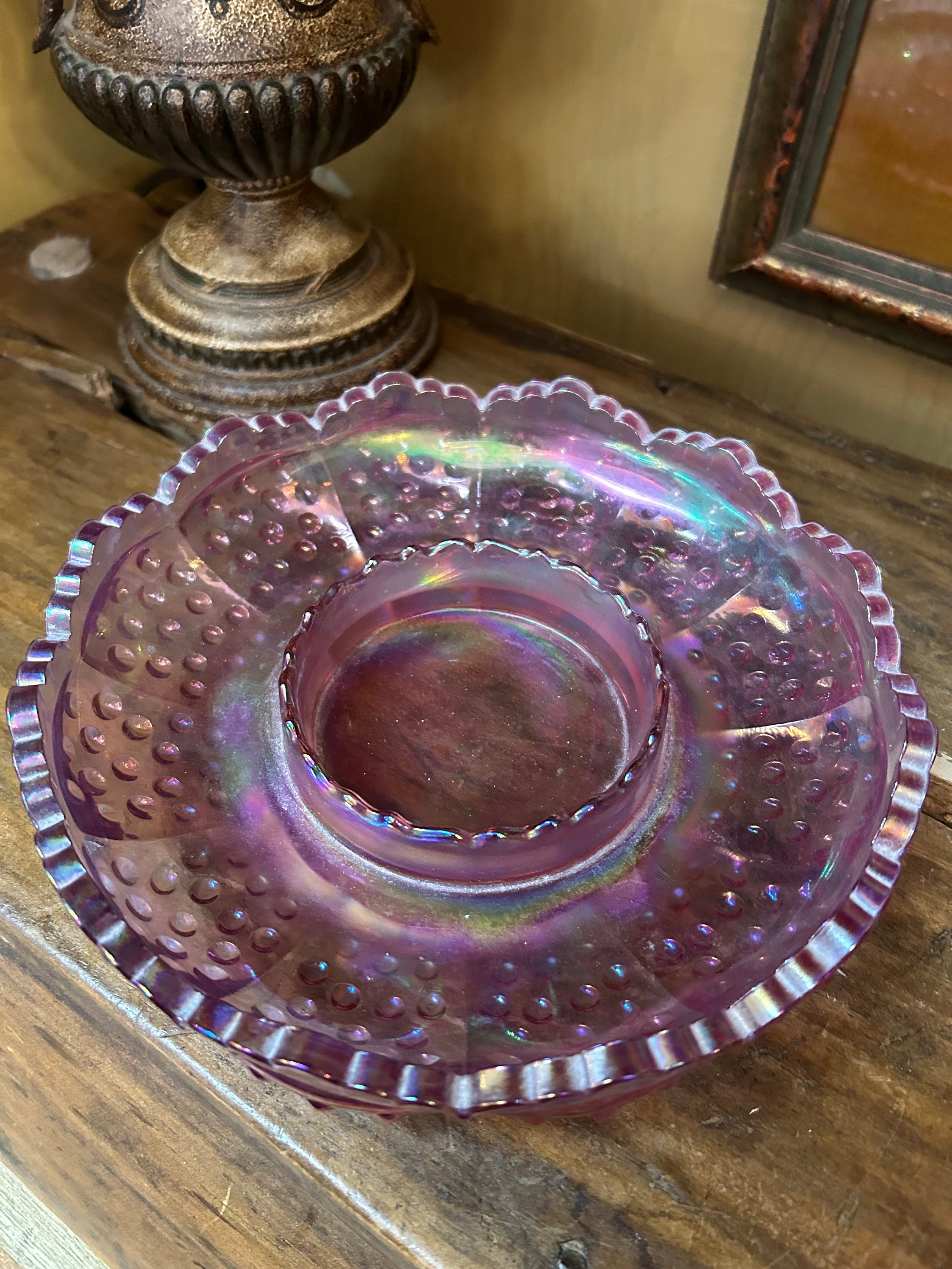 Rare Fenton Pink Carnival Glass Hobnail Centerpiece Candle Holder. Rare ...