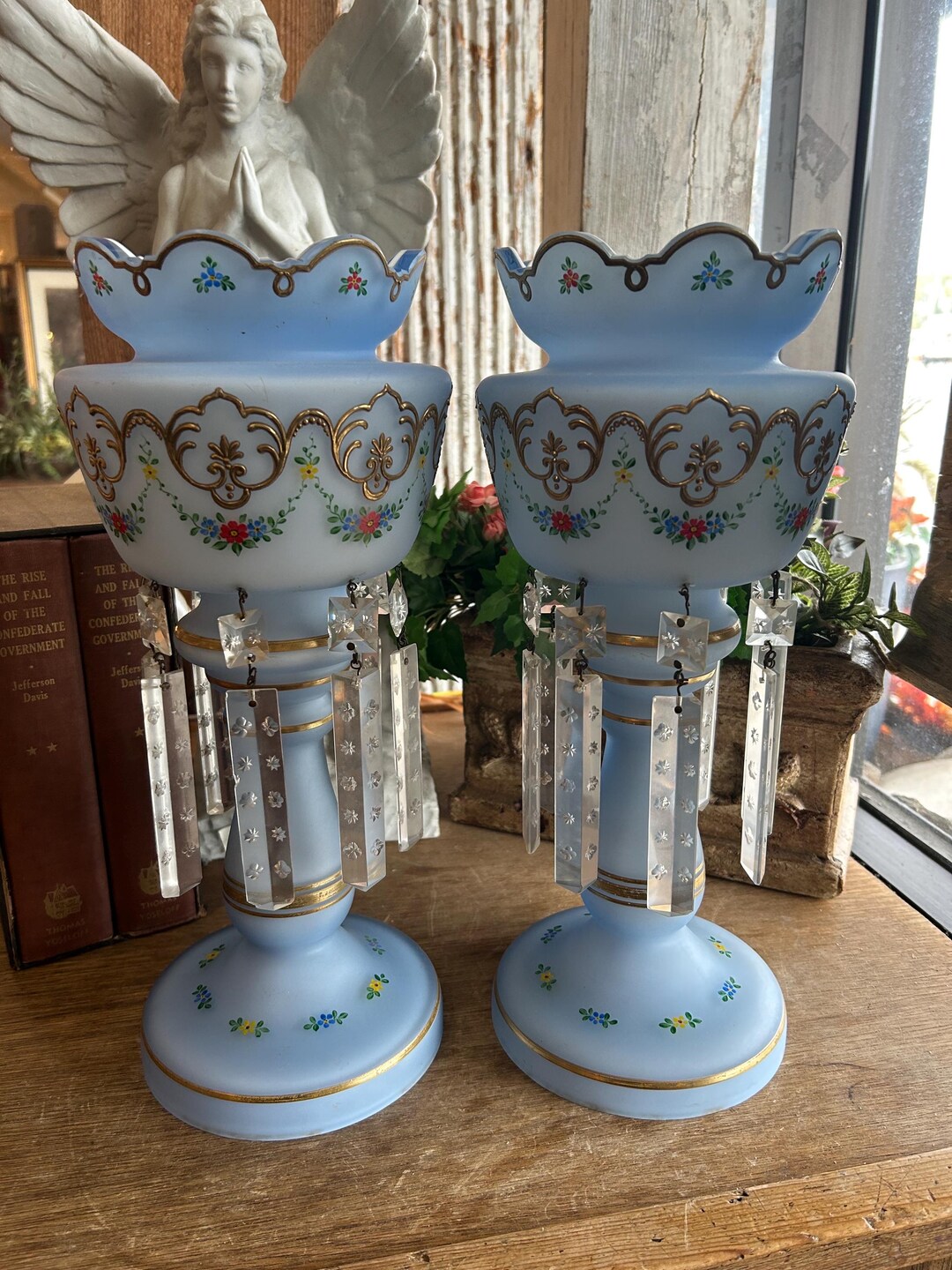 Antique Victorian Mantle Lusters A Pair. Satin Blue Glass Mantle ...
