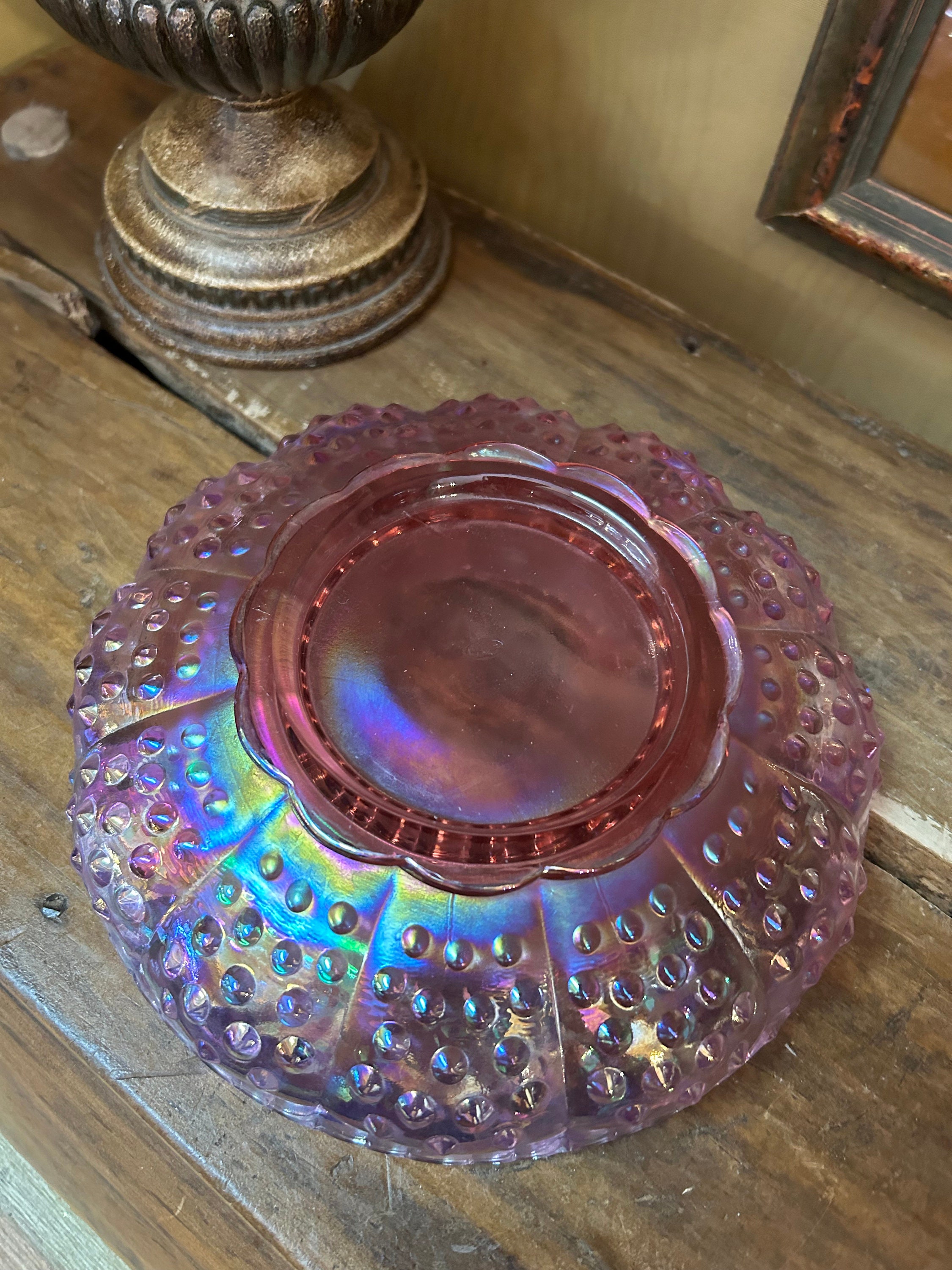 Rare Fenton Pink Carnival Glass Hobnail Centerpiece Candle Holder Rare Color Rare Pink Fenton