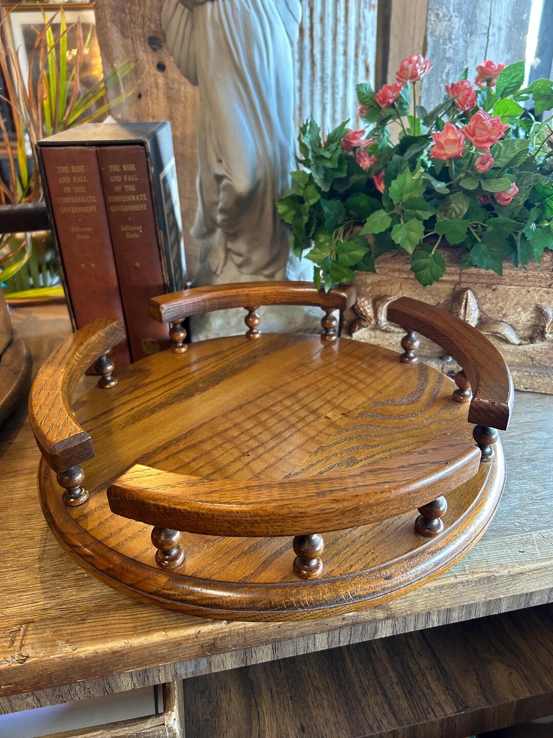Vintage Wood Lazy Susan Turntable With Gallery Rail, Kitchen Organizers Spice Organizers Lazy ...