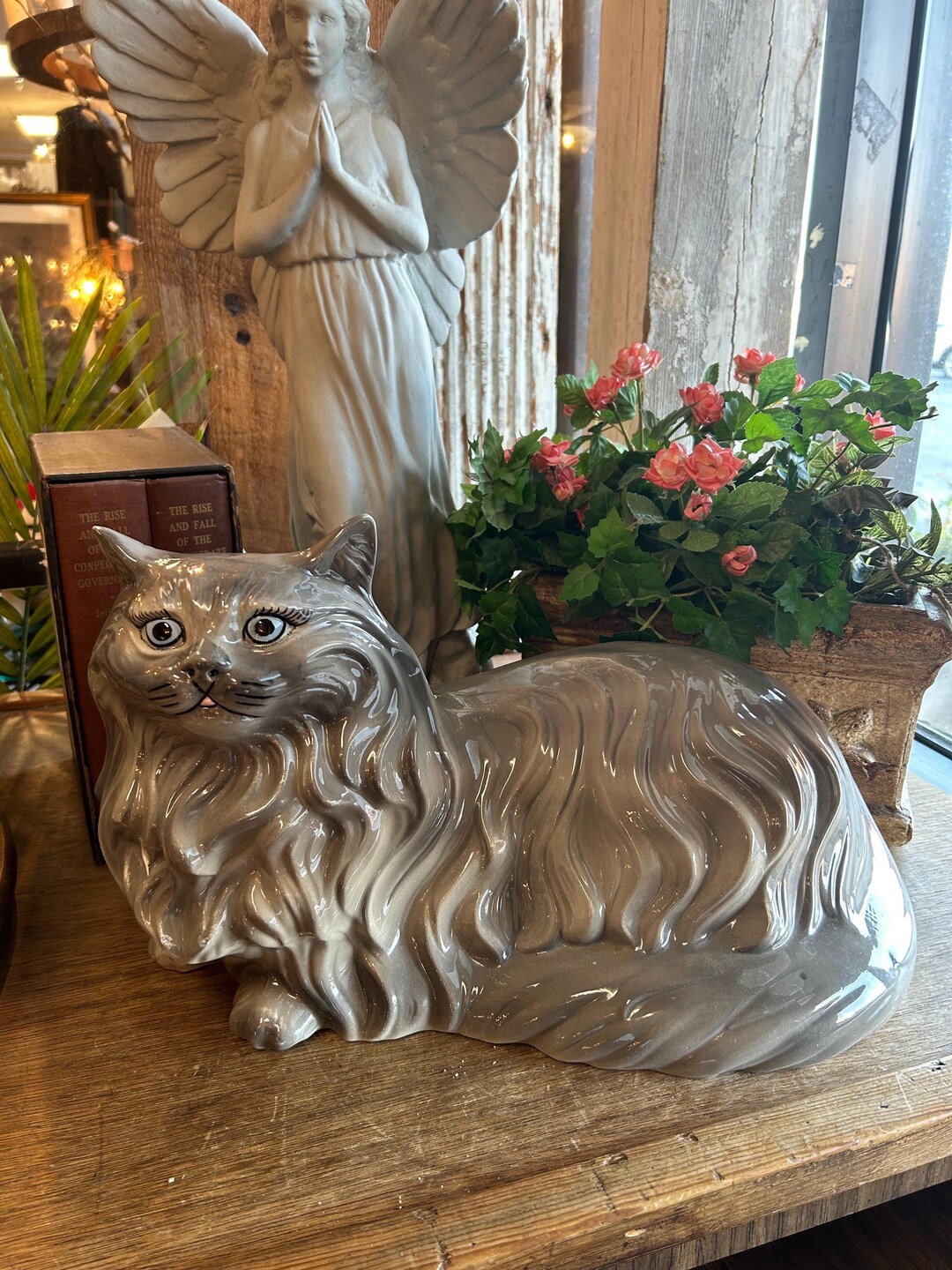 Vintage Alberta's Mold Large Ceramic Cat With Blue Eyes. Grey Persian ...