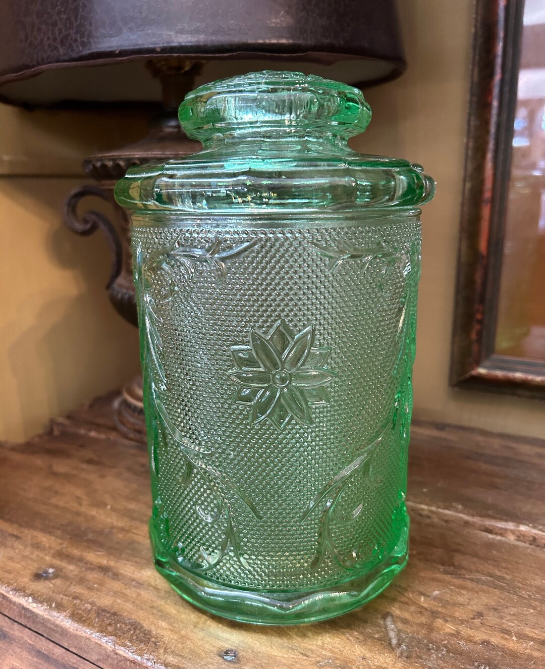 Vintage Tiara Chantilly Green Glass Canister by Indiana Glass Tiara ...