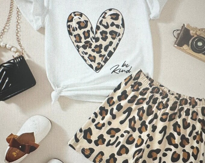 Girls 2 Piece Leopard Heart Short Sleeve Shirt and Short Loungewear ...