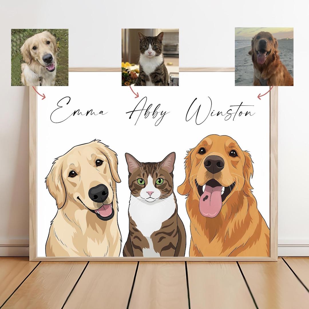 Custom Three Pets Portrait Cartoon From Photos: Personalized Dog Lover ...