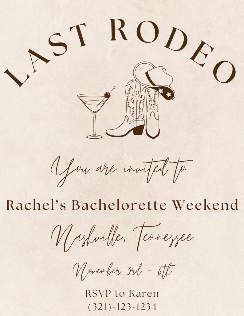 Last Rodeo Bachelorette Invitation, Cowboy Themed, Boots, Canva ...