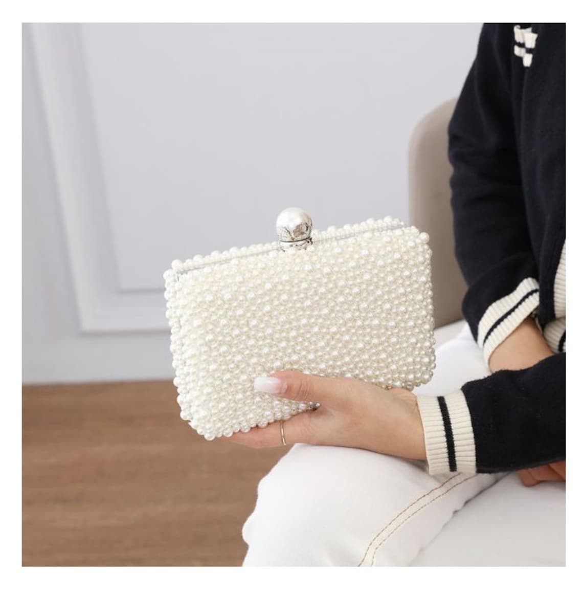 Ivory Evening Bag Pearl Clutch Bag With Long Detachable Chain Strap for Wedding Party Prom ...