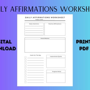 Daily Affirmations Worksheet, Self Love, Printable PDF, Digital ...