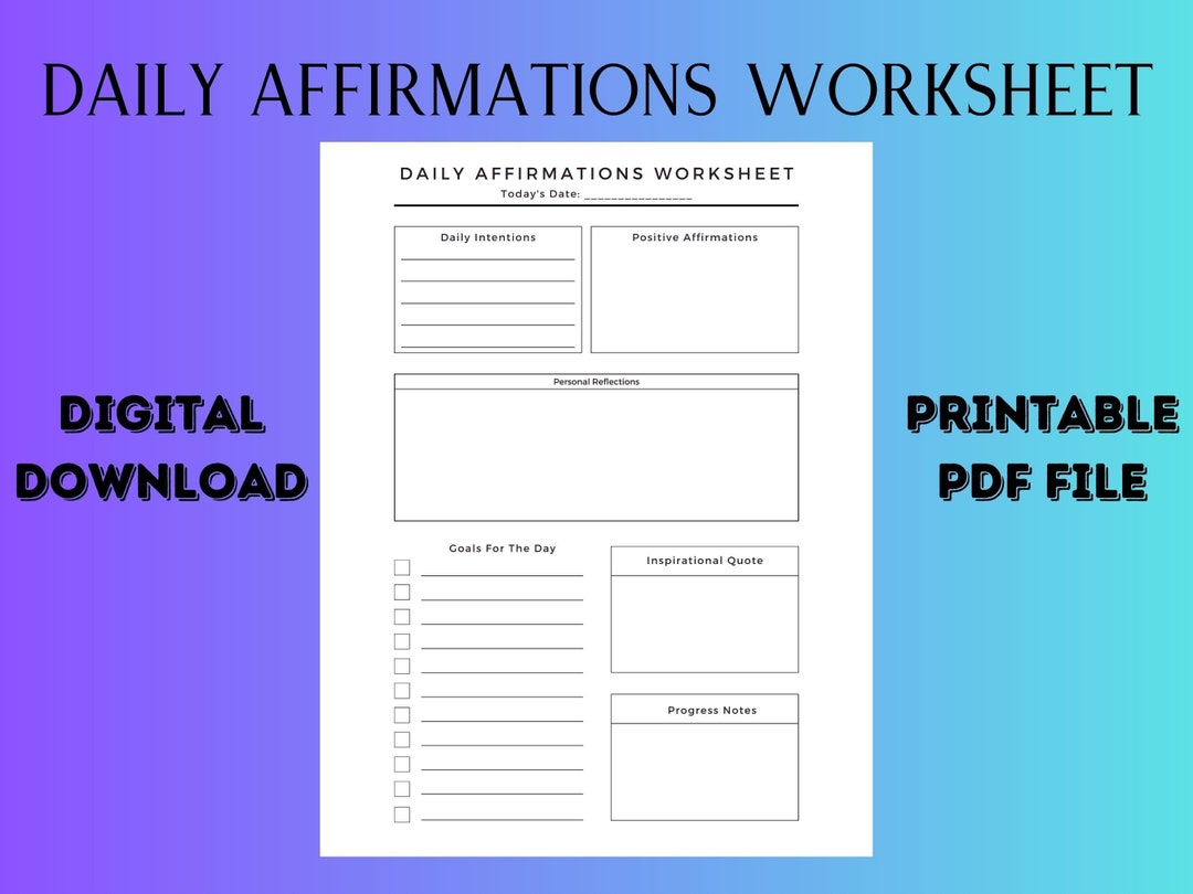 Daily Affirmations Worksheet, Self Love, Printable PDF, Digital ...