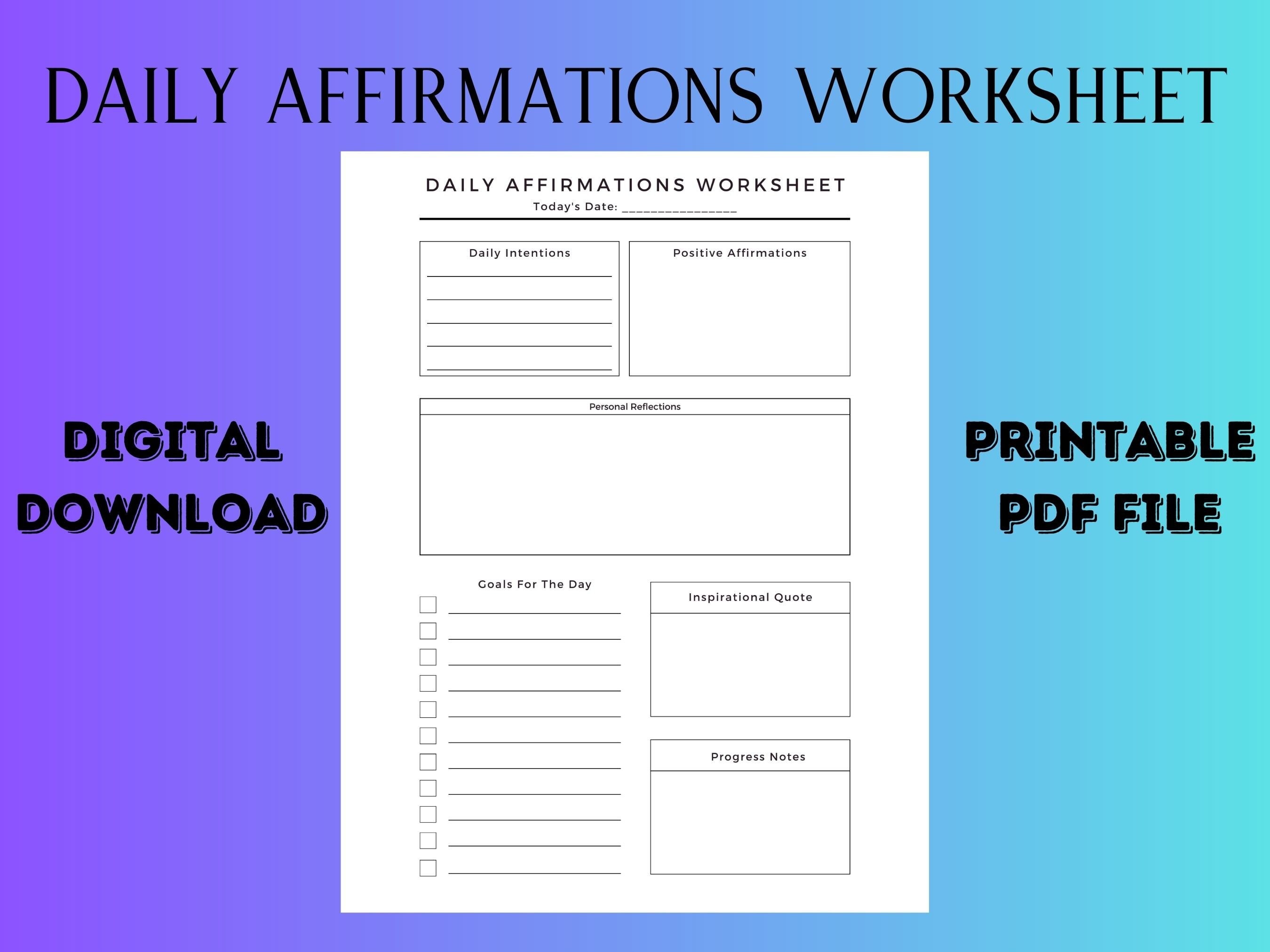 Daily Affirmations Worksheet, Self Love, Printable PDF, Digital ...