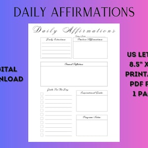 Daily Affirmations Form, Self Care, Mental Wellness (digital Download ...