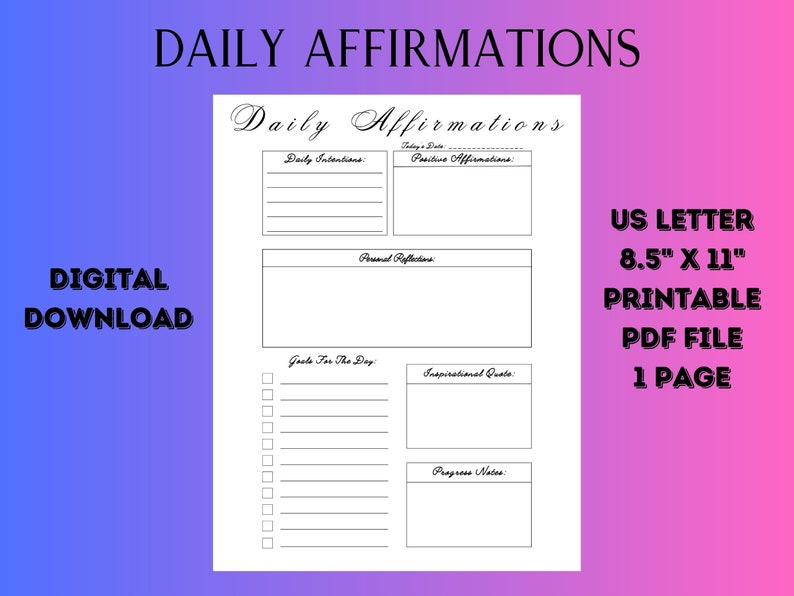 Daily Affirmations Form, Self Care, Mental Wellness (digital Download ...