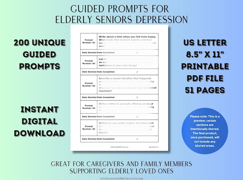 Guided Prompts for Elderly Seniors Depression, Self Care Forms ...