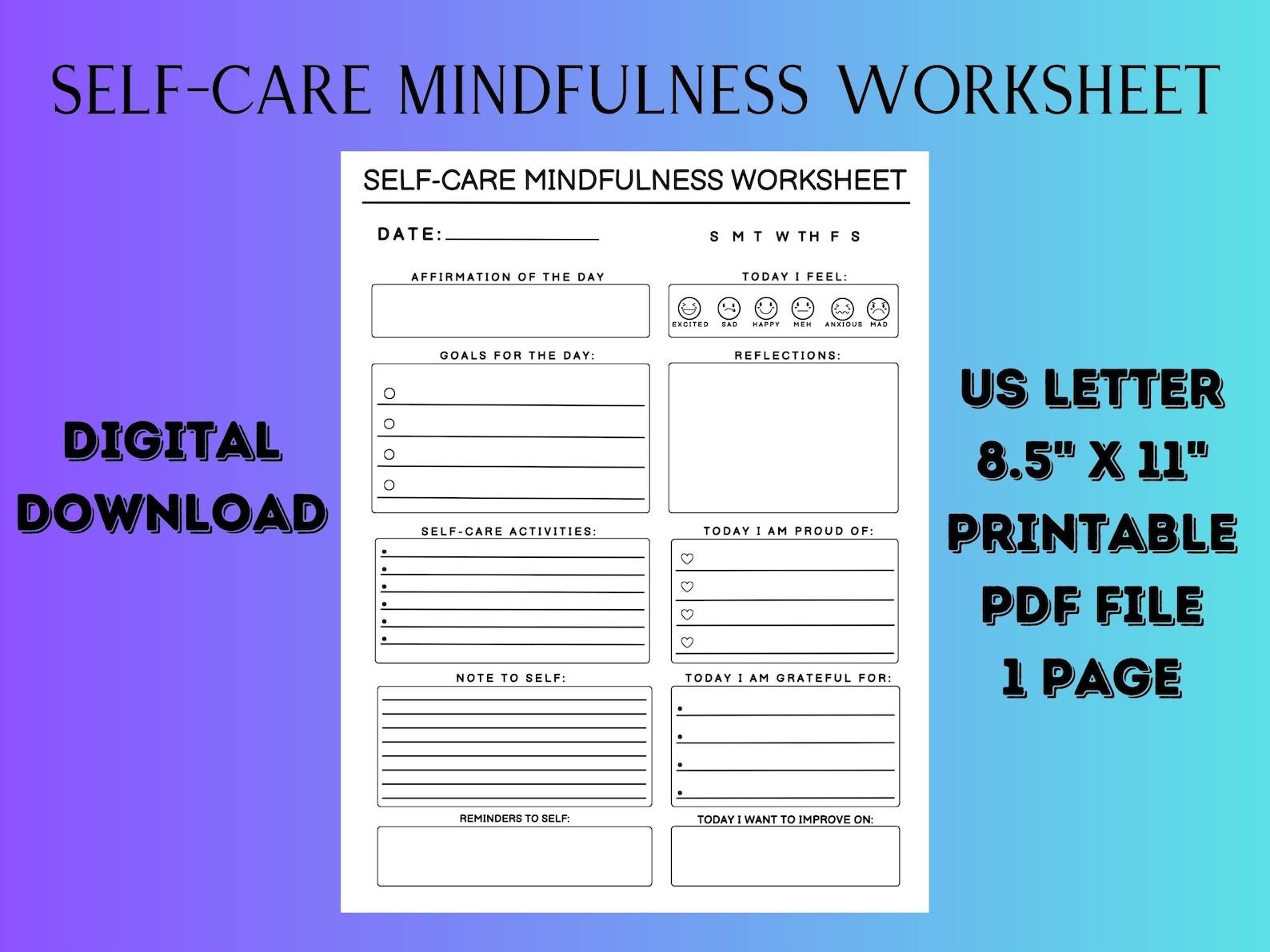 Self-care Mindfulness Worksheet, Mental Wellness, Positive Life Balance ...