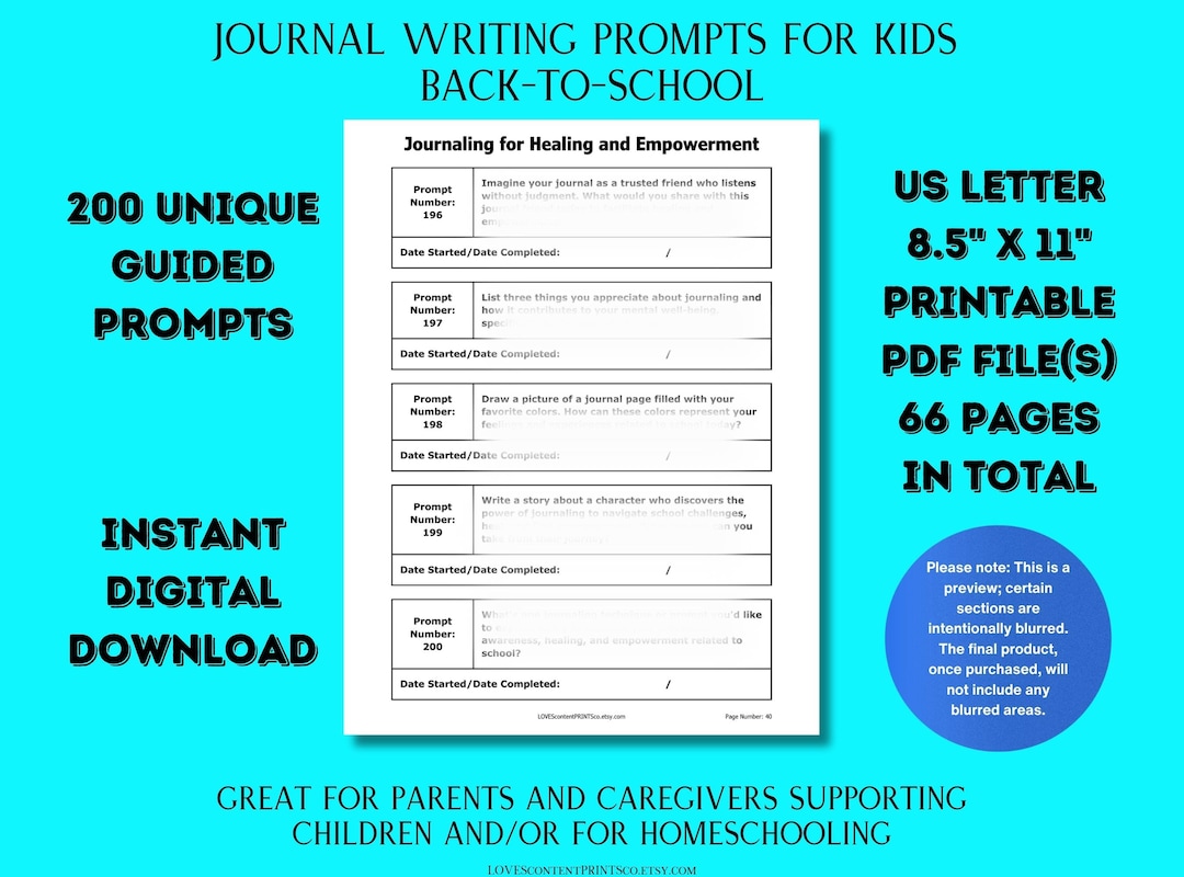 Journal Writing Prompts for Kids Back to School, Printable Emotional ...