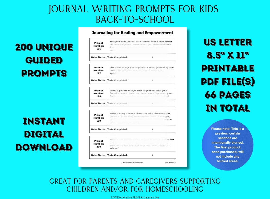 Journal Writing Prompts for Kids Back to School, Printable Emotional ...
