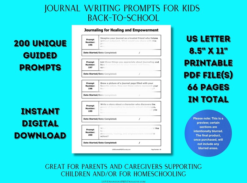 Kids' Journal Writing Prompts, Back to School, Emotional Awareness (PDF ...