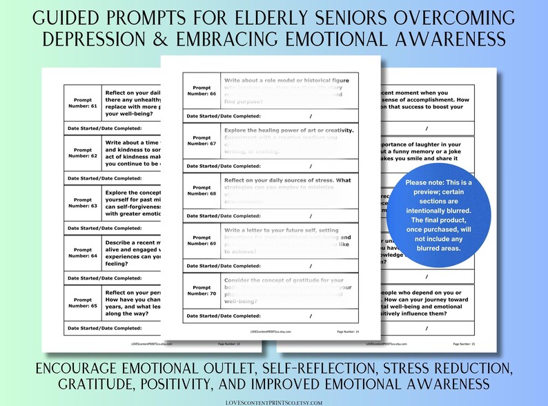 Guided Prompts for Elderly Seniors Depression, Self Care Forms ...
