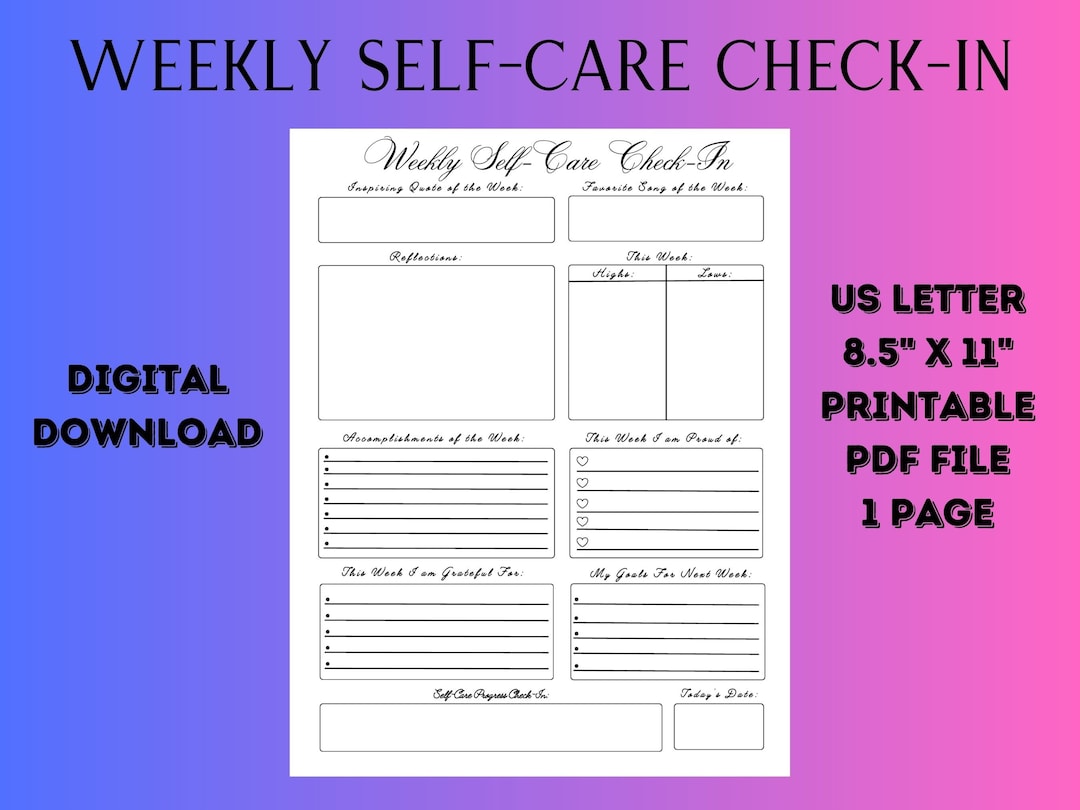Weekly Self Care Check in Form, Mental Wellness Mindfulness Therapy ...