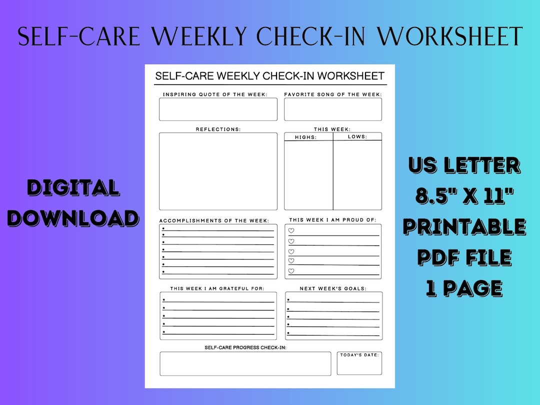Self-care Weekly Check-in Worksheet, Mental Wellness Printable (PDF) - Etsy