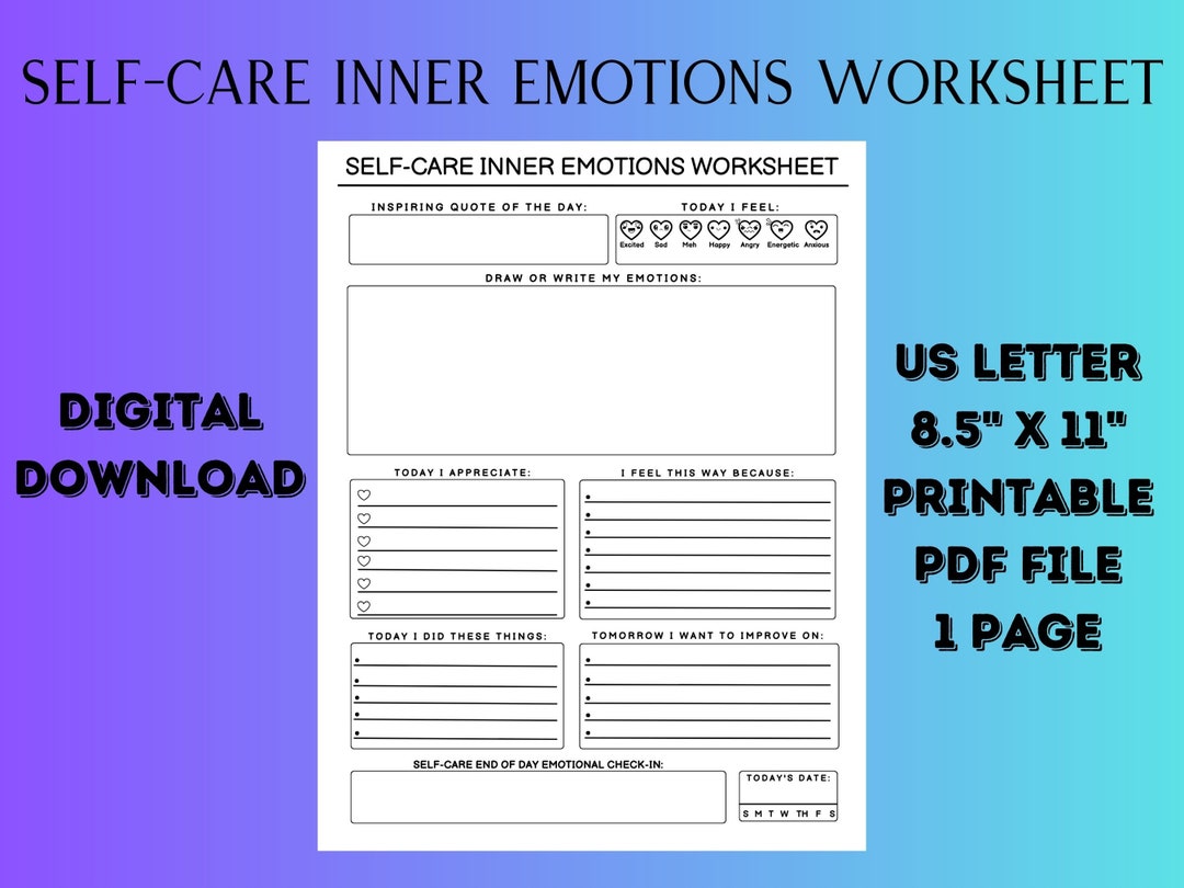 Self Care Inner Emotions Worksheet, Printable PDF File, Digital ...