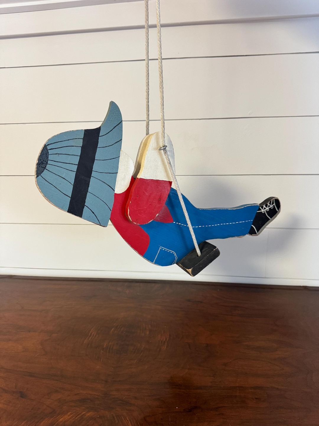 Vintage Wooden Swinging Boy • Hand-painted Folk Art Hanging Decor ...
