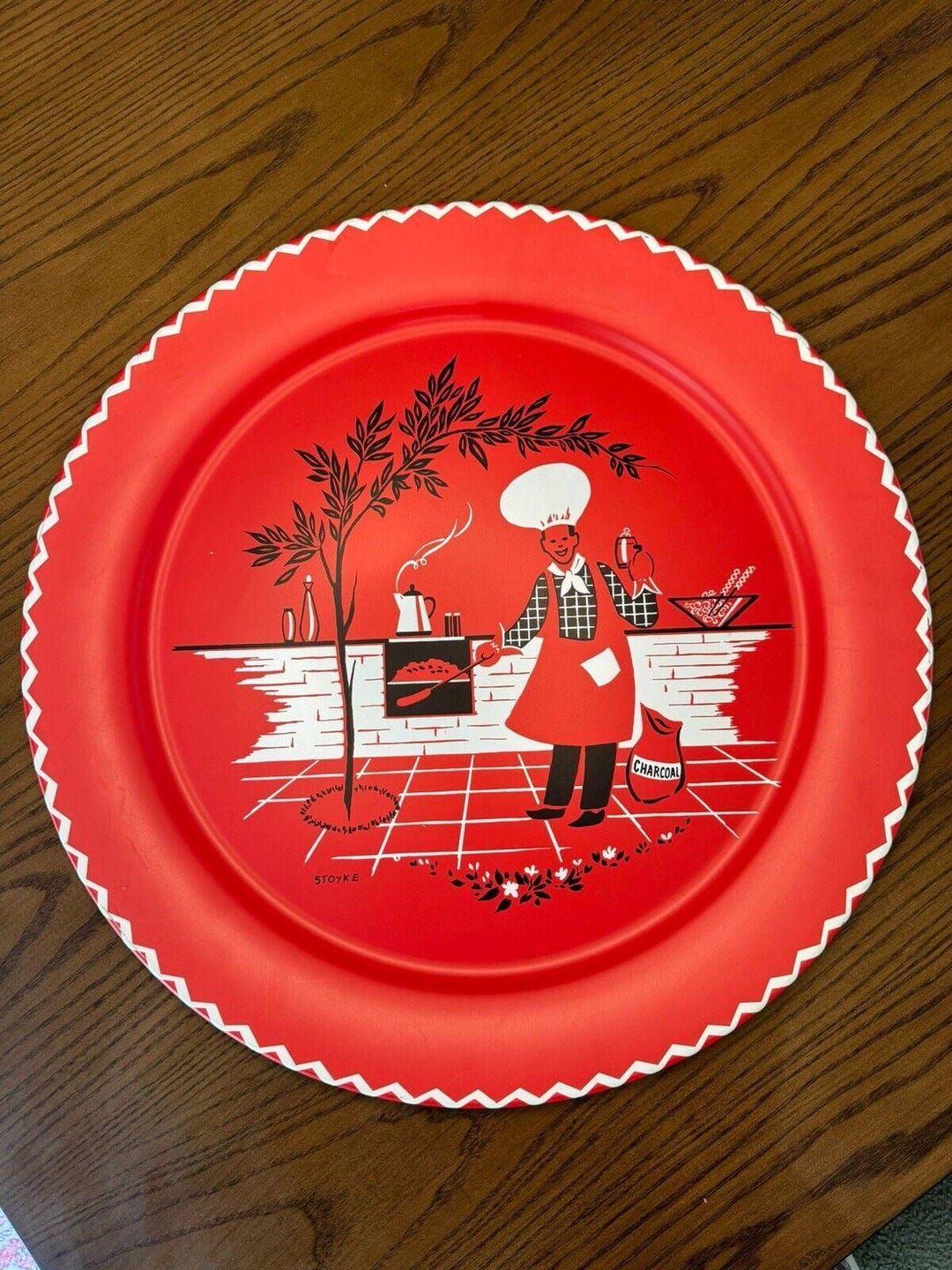 Vintage Marcelline Stoyke Tray Red Metal Chef BBQ 19 1950's MCM ...