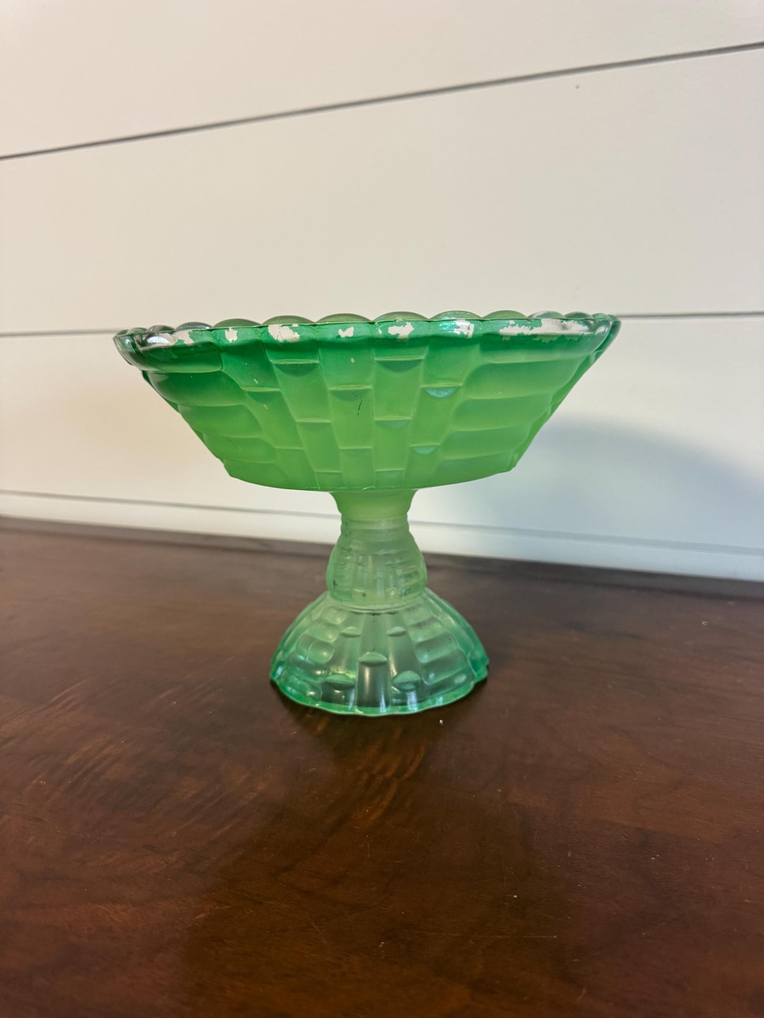 Vintage Green Frosted Depression Glass Compote • Footed Candy Dish ...