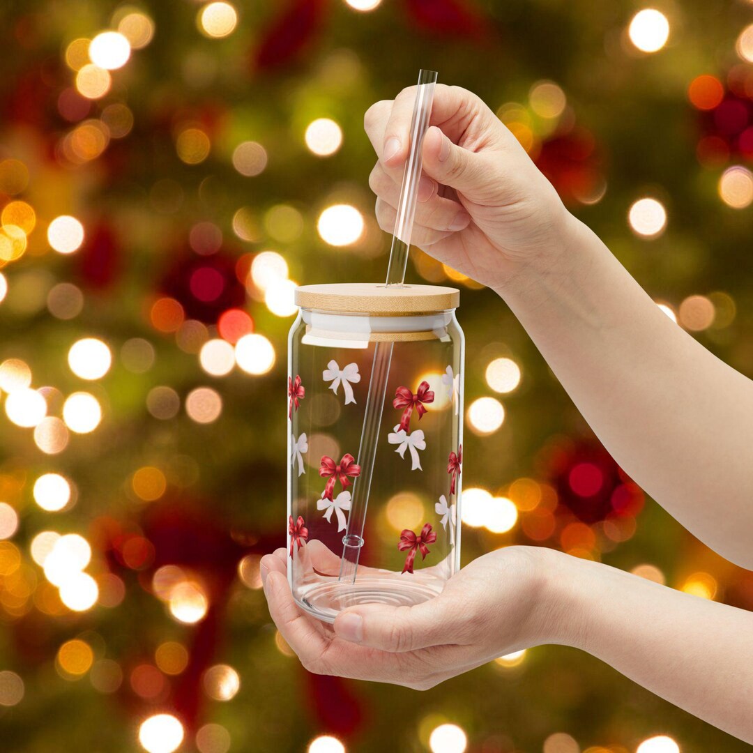 Christmas Red Bow Sipper Glass, 16oz Holiday Party Drinkware, Festive ...