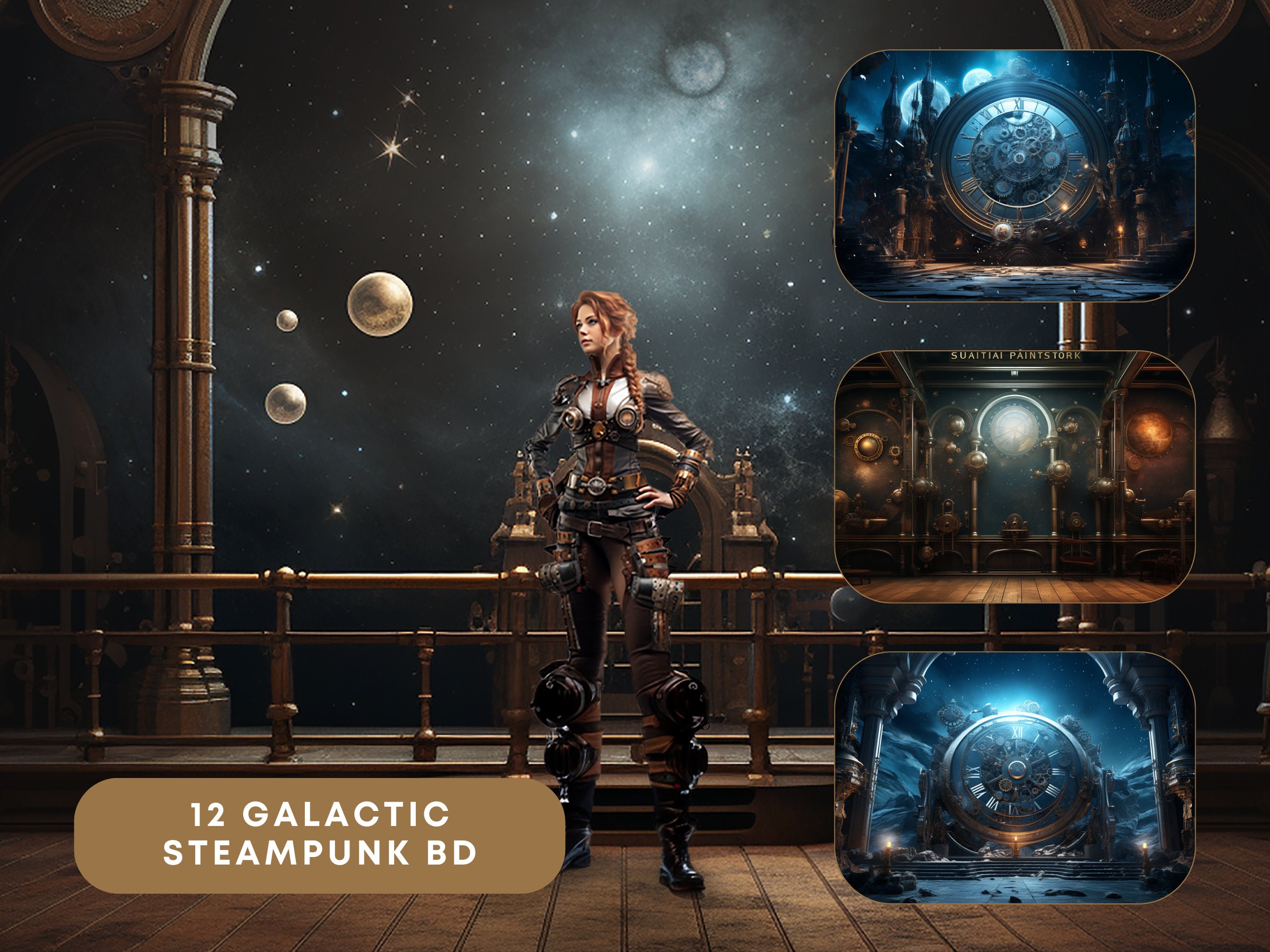 12 Galactic Steampunk Digital Backdrops, Sci-fi Steampunk Space ...