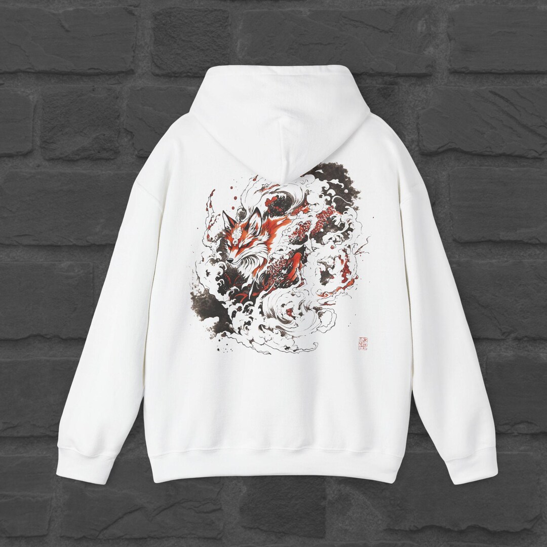 Japanese Kitsune Fox Hoodie | Kanji Print Hoodie | Nine Tail Fox Hoodie ...