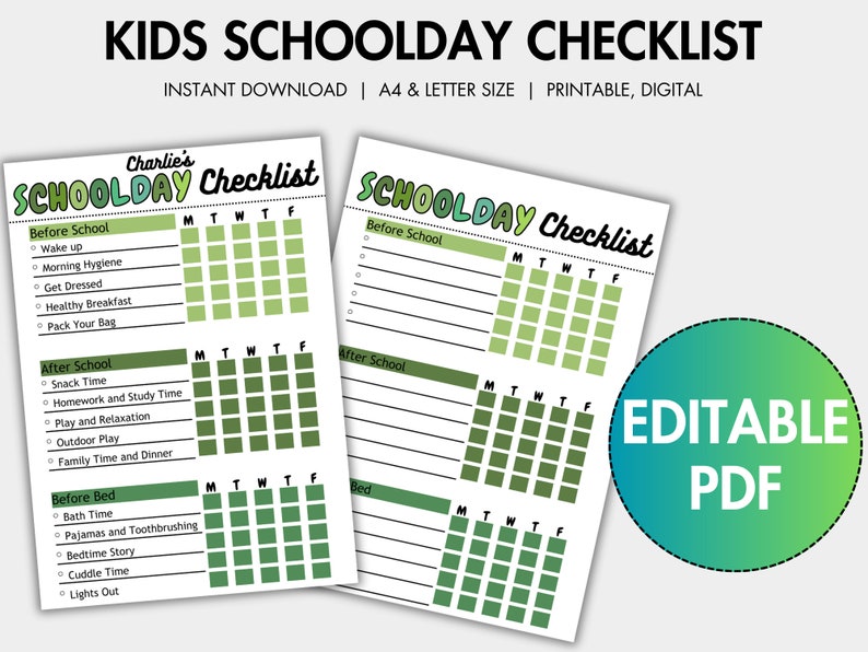 Printable Kids School Green Chart Checklist Editable Kids - Etsy