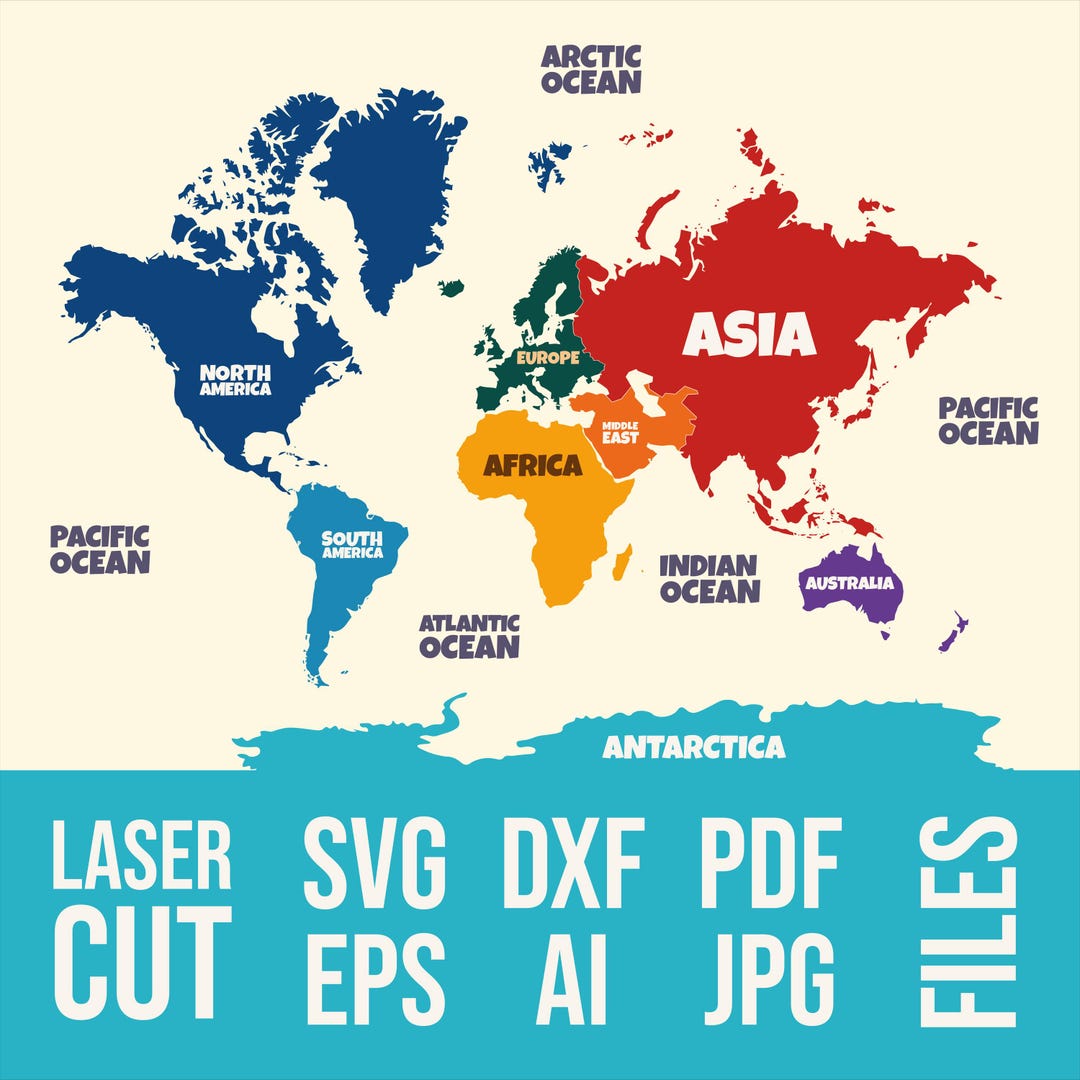 World Map SVG, Colorful Continents Wall Art, Laser Cut Digital File ...