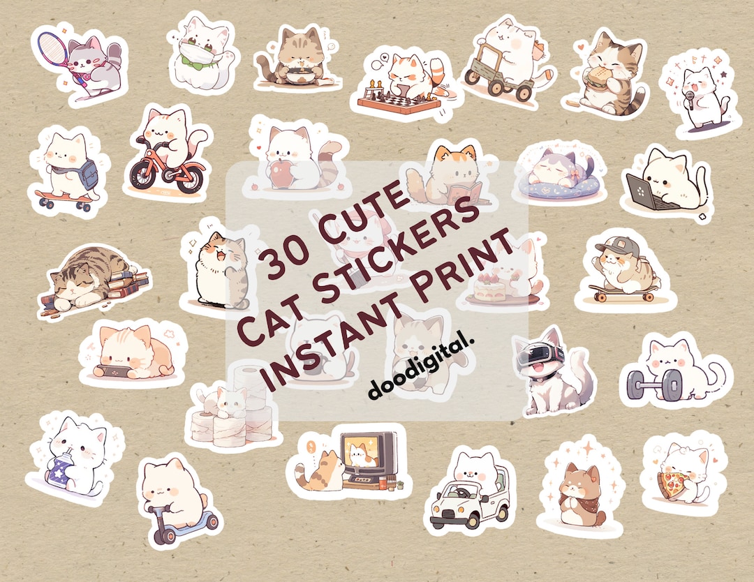 Instant 30 Cute Cat Stickers Print. Kawaii Cat Magic: A Collection of ...