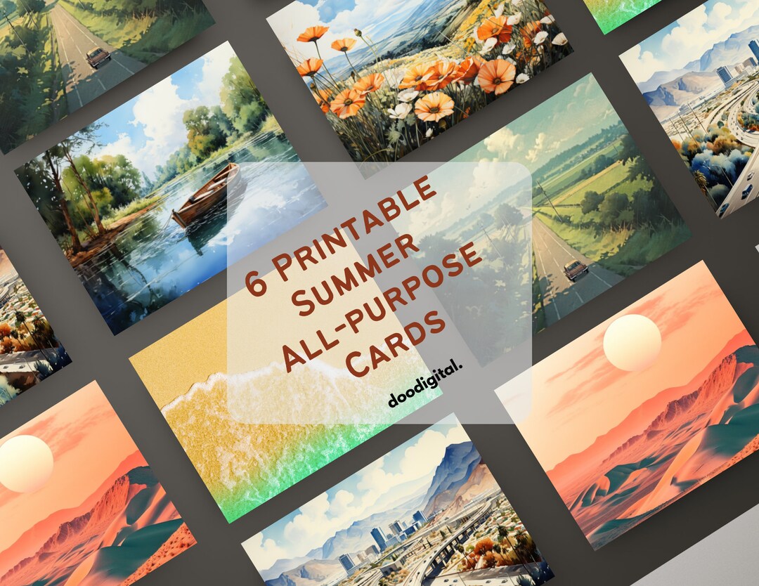 6 Printable Summer All-purpose Cards Set. Palette of Summer: Watercolor ...