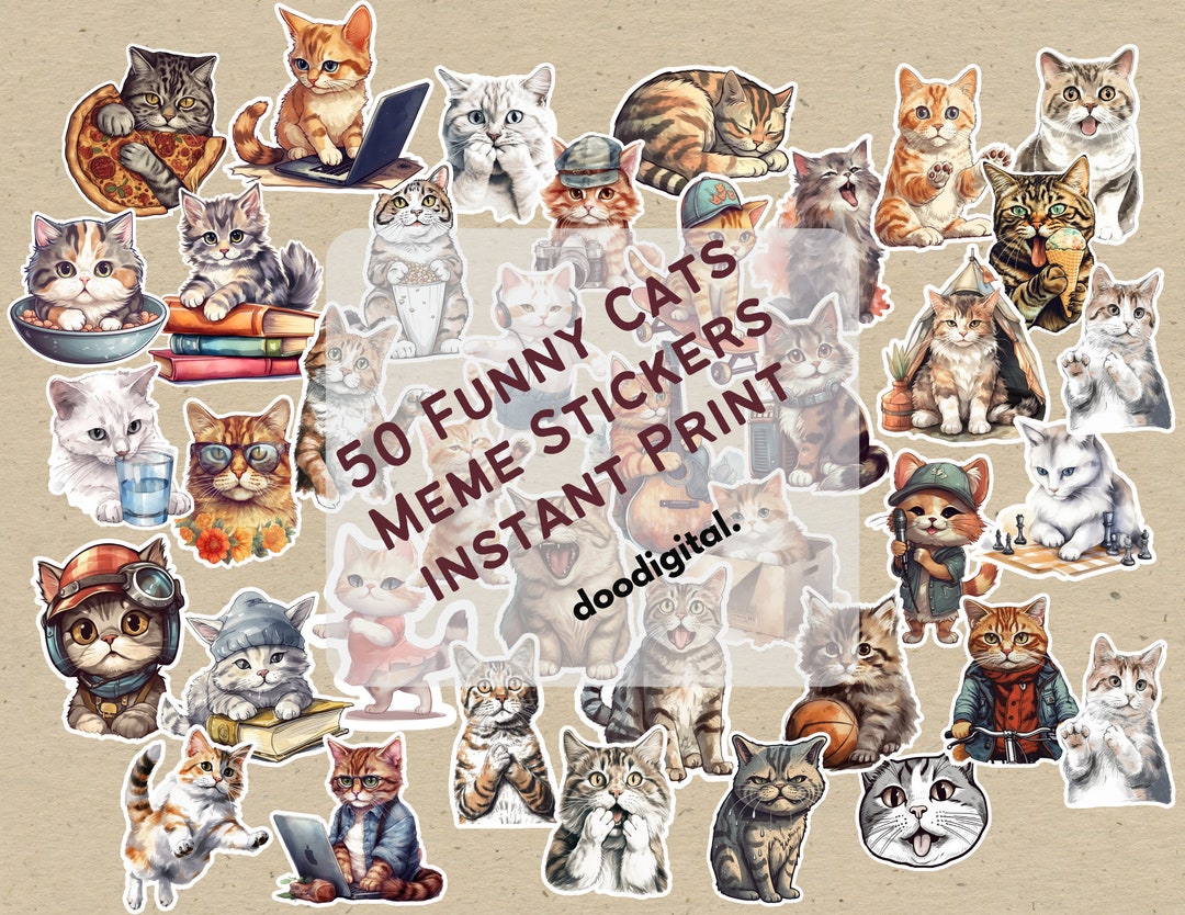 50 Funny Cute Cats Meme Stickers Print. Meow Meow Magic: Instant ...