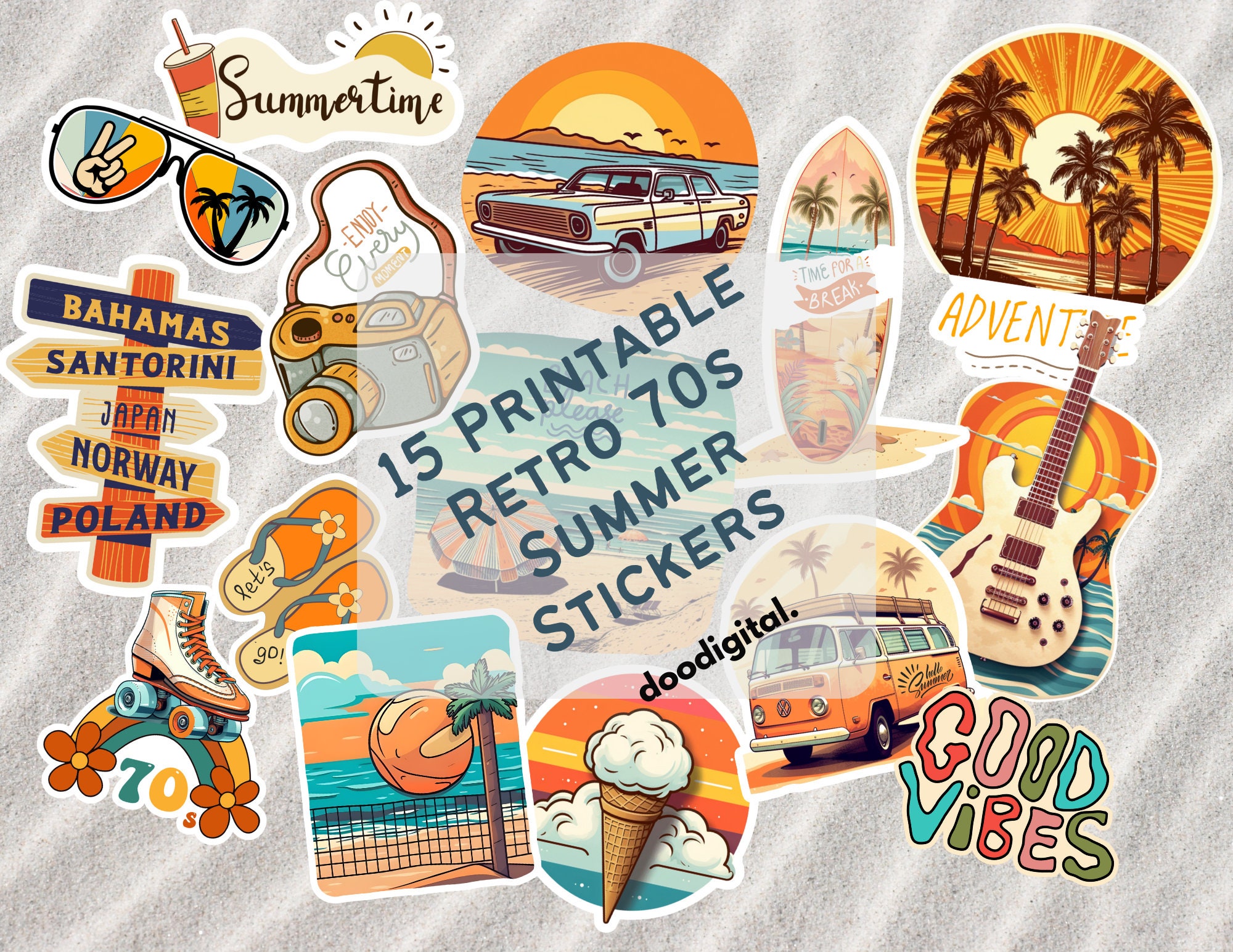 15 Printable Retro 70s Summer Stickers. Surf's up With Digital Retro ...