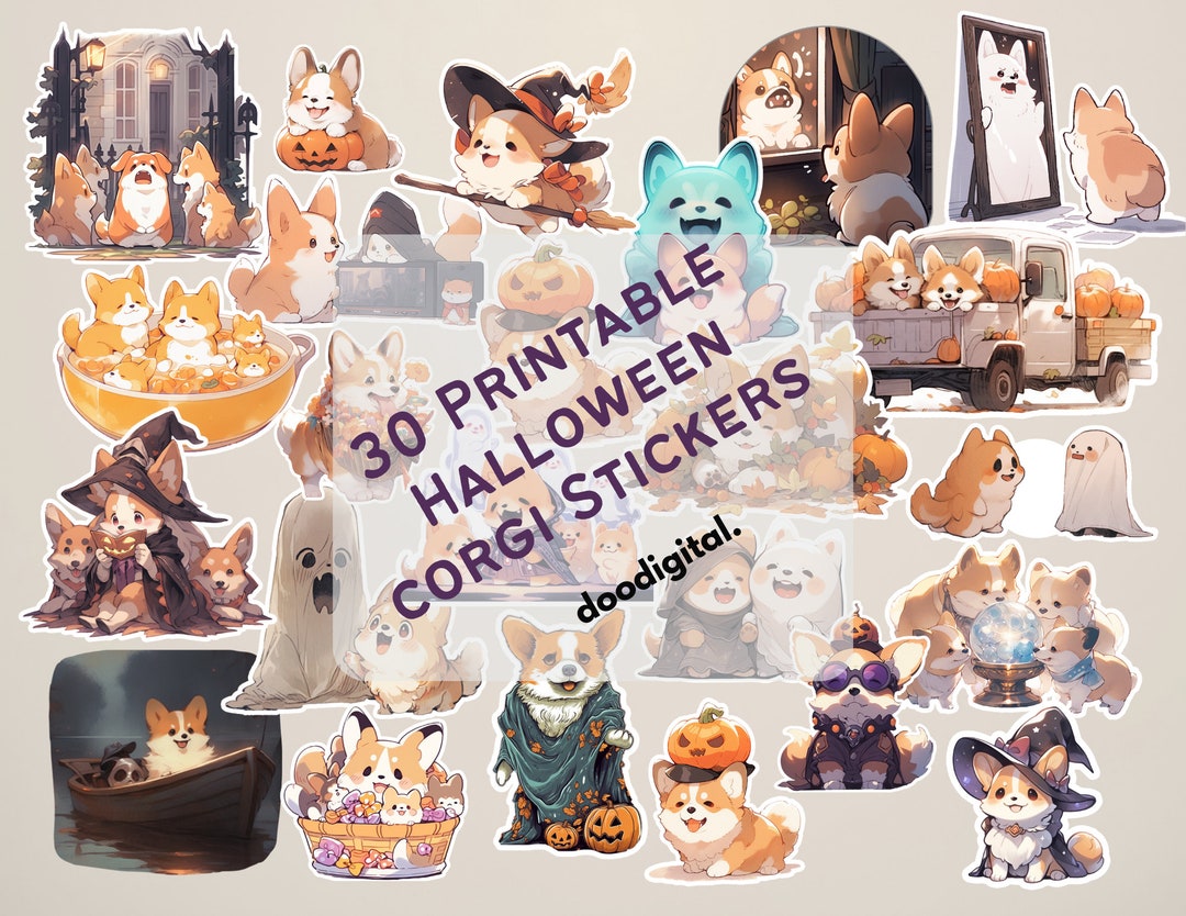 30 Printable Halloween Corgi Stickers. Digital Halloween Stickers for ...