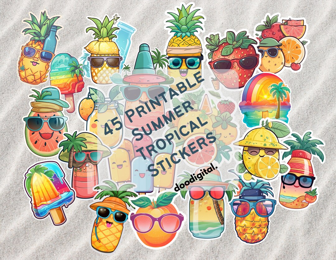 45 Printable Summer Tropical Stickers. Instant Tropical Delights: Print ...