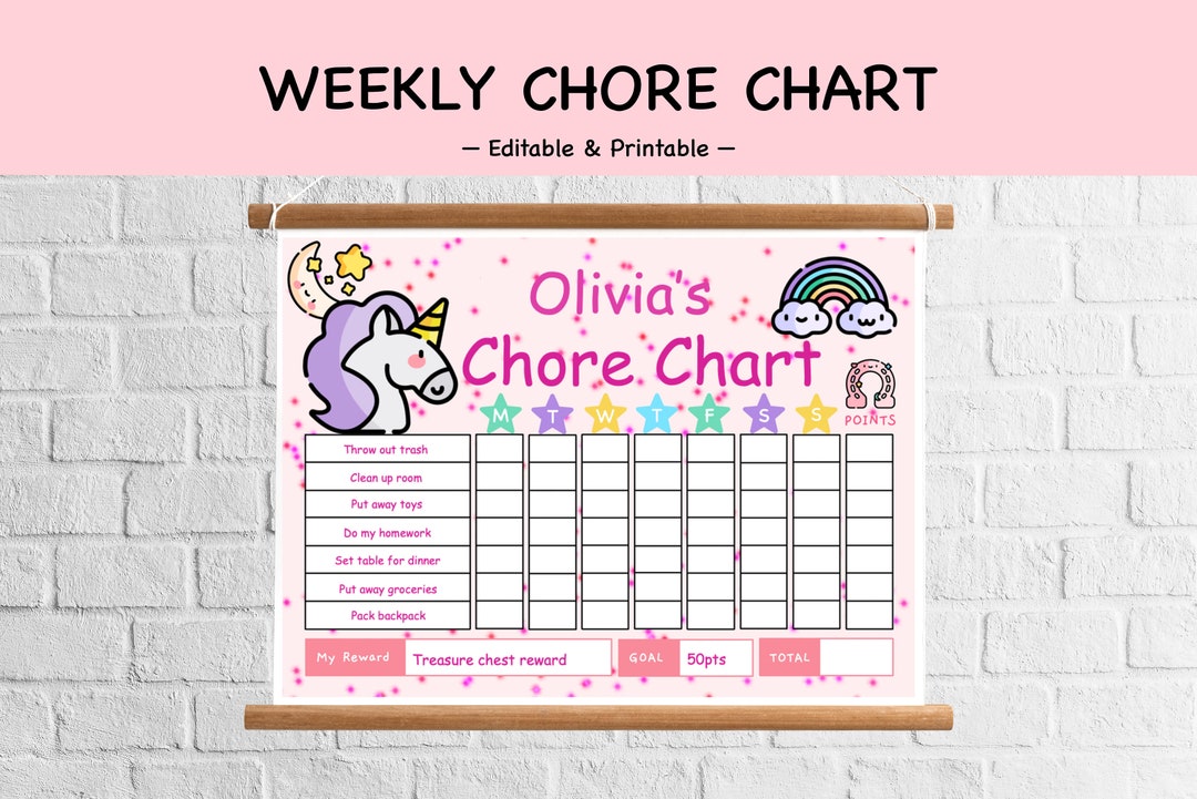 EDITABLE Chore Chart Unicorn Kids Routine Chart Weekly - Etsy Singapore