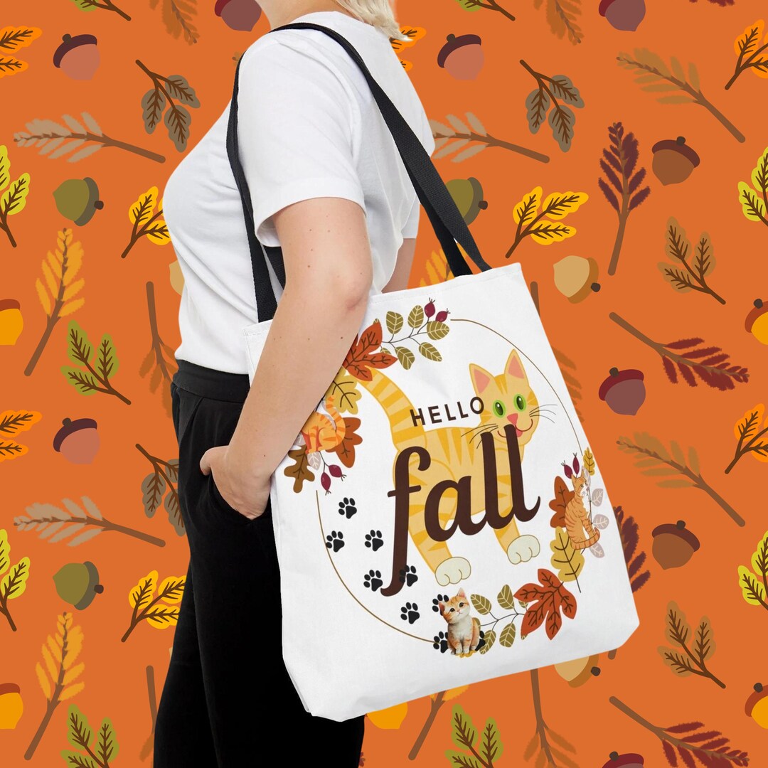 Fall Ginger Cat Bag, Hello Fall Tote Bag, Fall Bag, Cat Bag, Ginger Cat ...