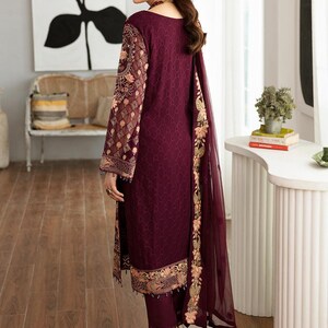 Embroidered Maroon Chiffon Salwar Kameez: Pakistani Wedding Outfit Eid ...